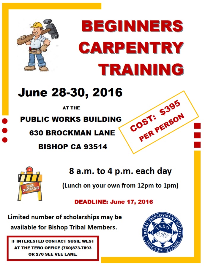 Beginners Carpentry Training – June 28-30, 2016 | Bishop TERO
